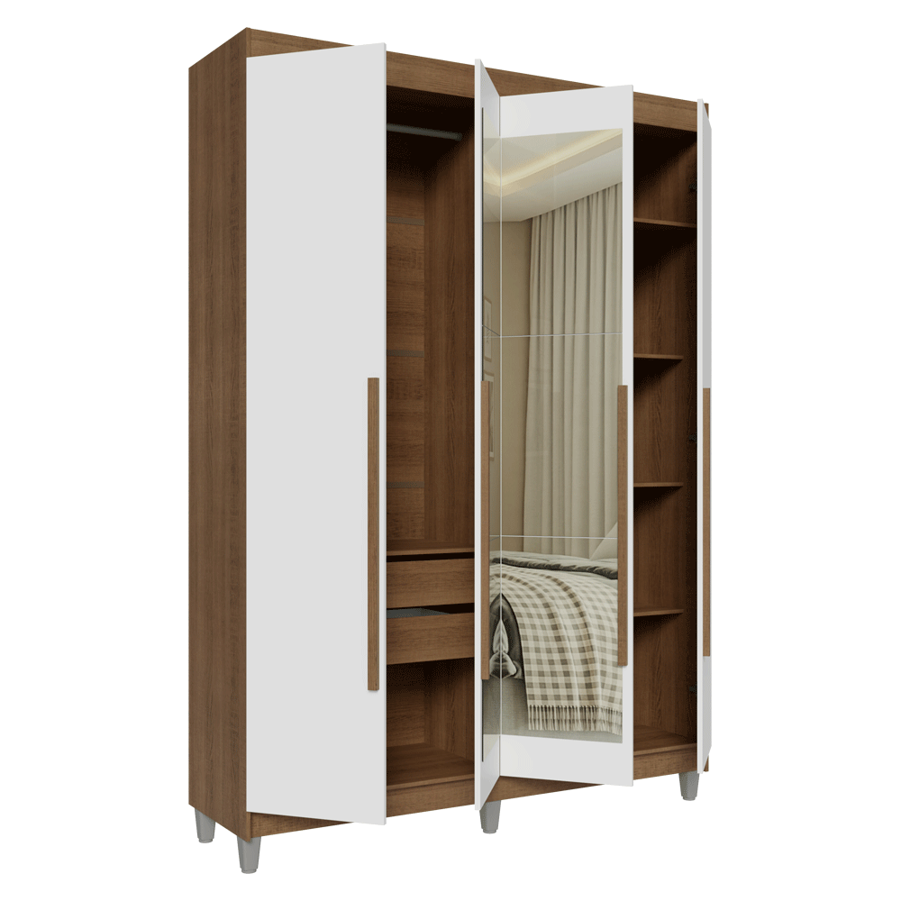 Guarda-Roupa Solteiro com Pés 4 Portas Batentes com Espelho Rustic ...